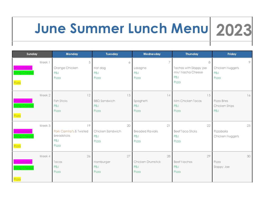 June 2023 Summer Lunch menu | Carbon School District